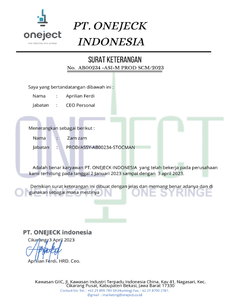 Paklaring PT - Onejeck Syringe | PDF