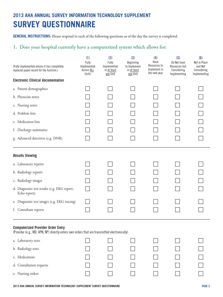 2013 AHA IT Supplement Survey Questionnaire | PDF | Electronic Health ...