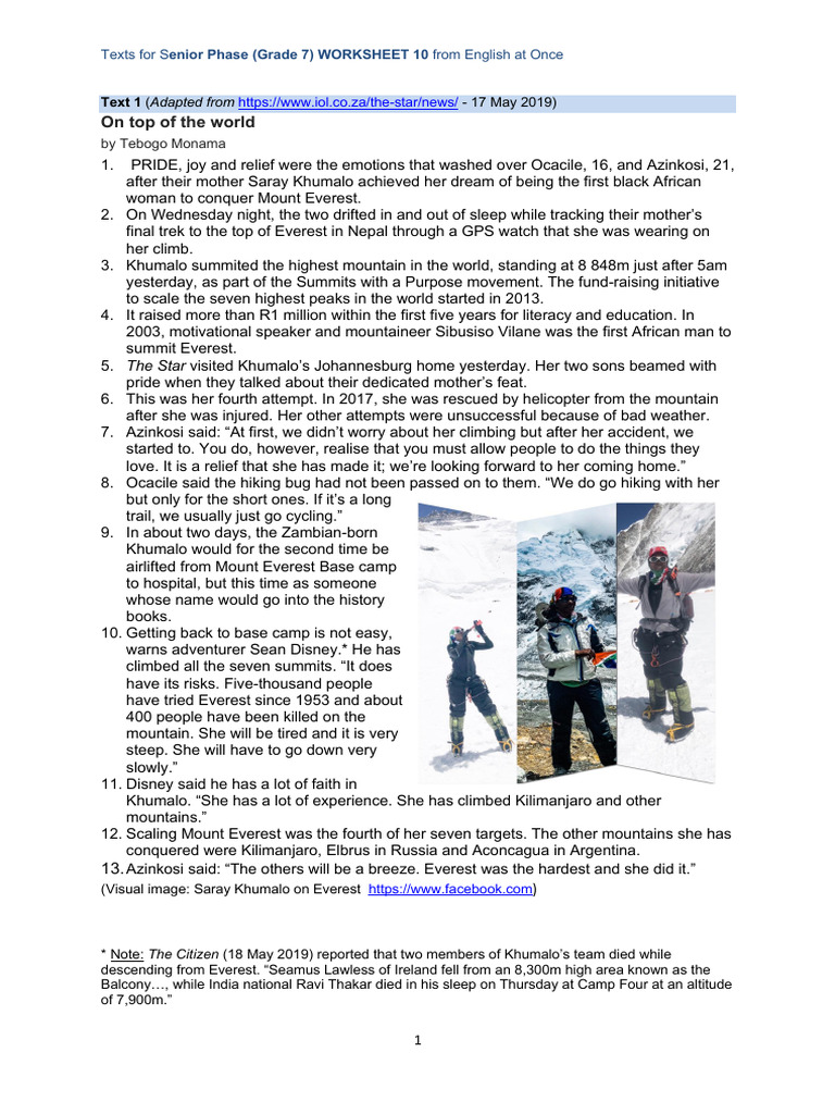 Once 2019 June 6 Grade 7 Worksheet 10 TEXT Everest | PDF | Mount ...