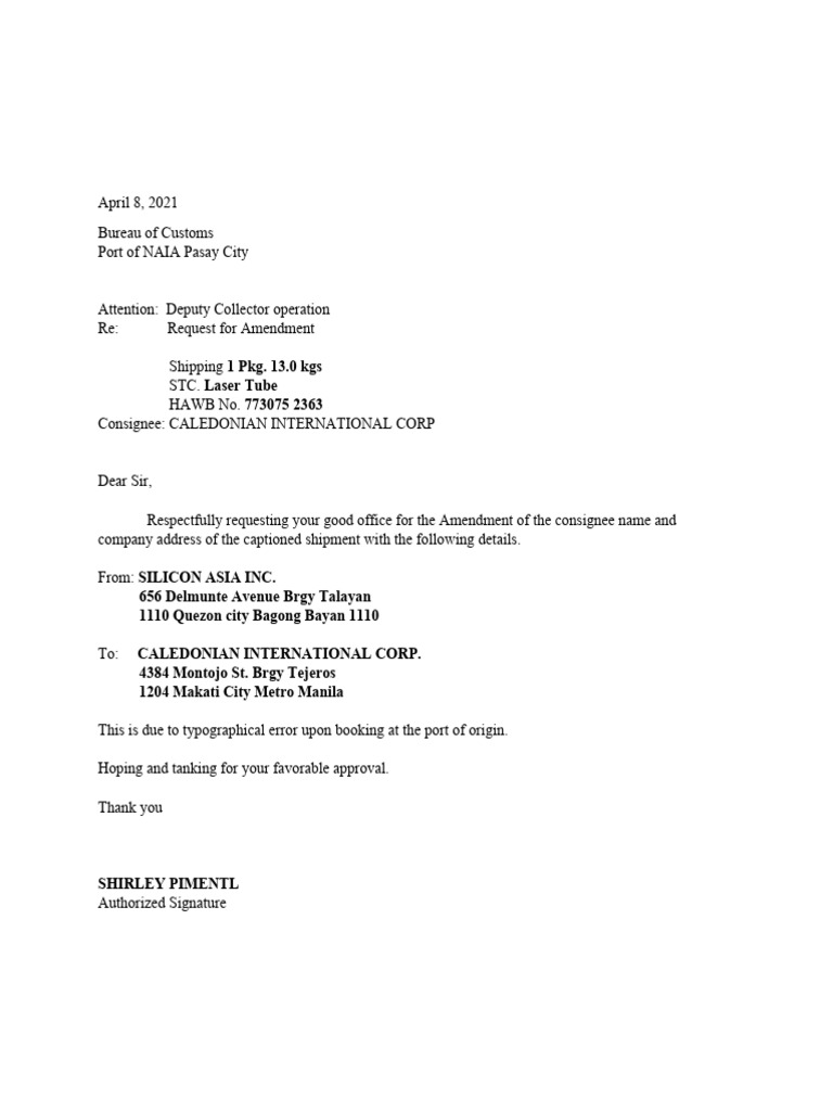 Request for Consignee Name Amendment | PDF | Business