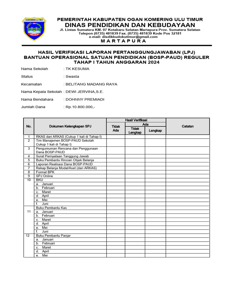 Instrumen Verifikasi Bosp Paud 2024 Tahap I | PDF