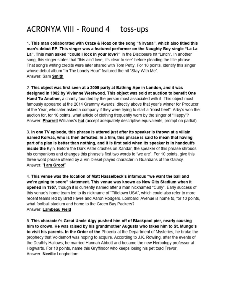 ACRONYM VIII Round 4: Trivia Toss-Ups | PDF