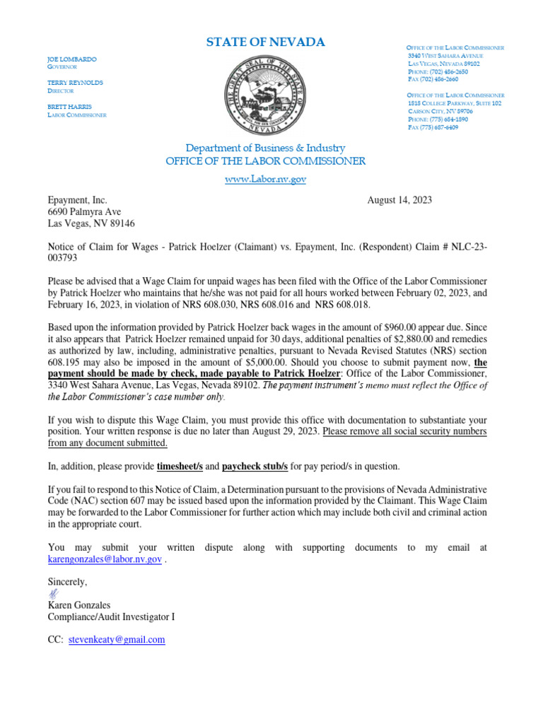 Steven Keaty - EPAG - Labor Commissioner Fines | PDF | Nevada | Government