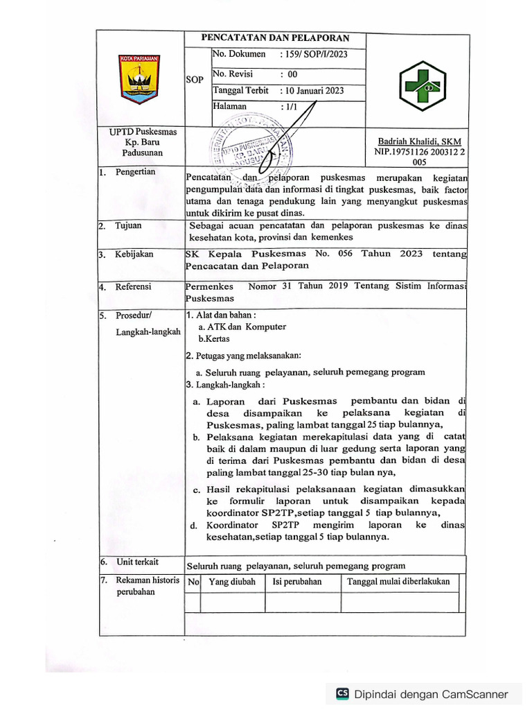 SOP Pencatatan Dan Pelaporan | PDF