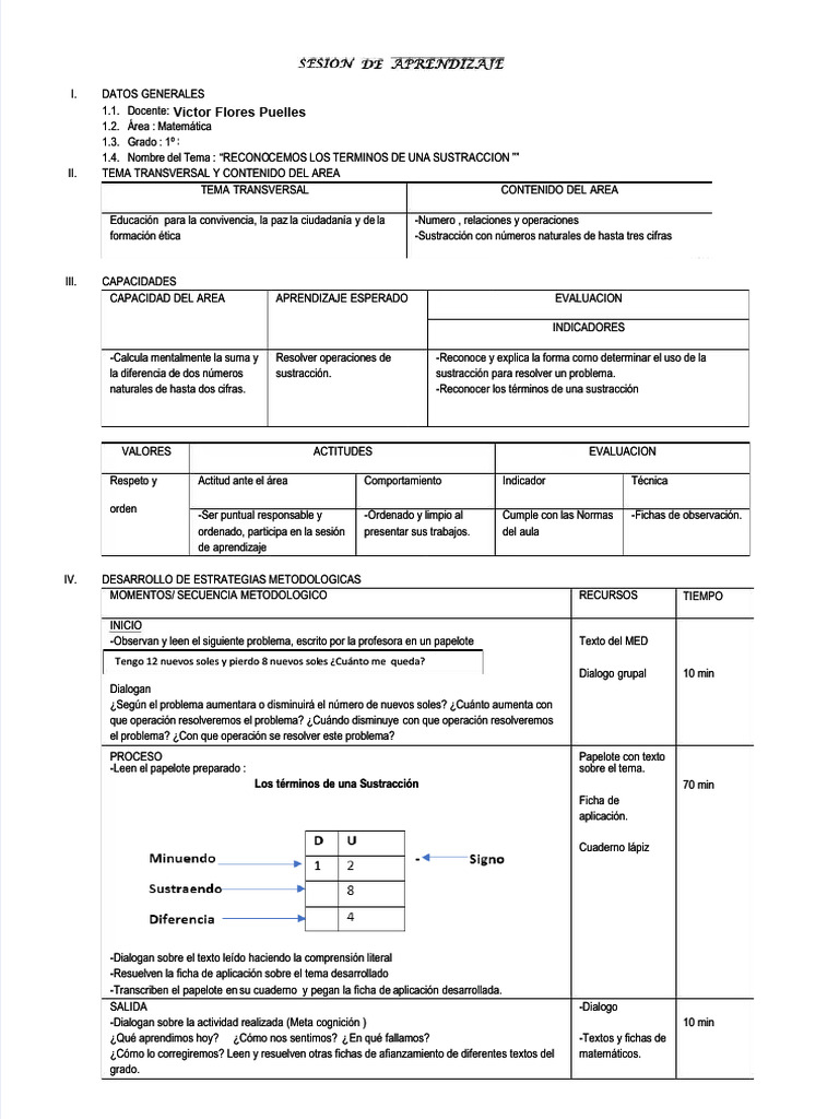pdf-sesion-de-aprendizaje-resta_compress (1) | PDF | Sustracción | Evaluación