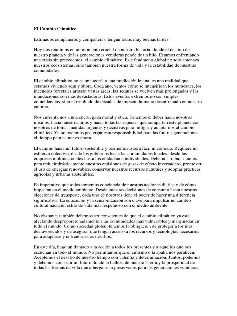 Discurso Sobre El Cambio Climático | PDF | Cambio climático ...