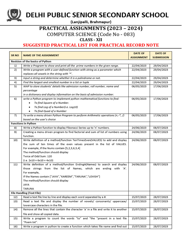 Practical Assignments - DPS School (Class - Xii) | PDF | Letter Case ...