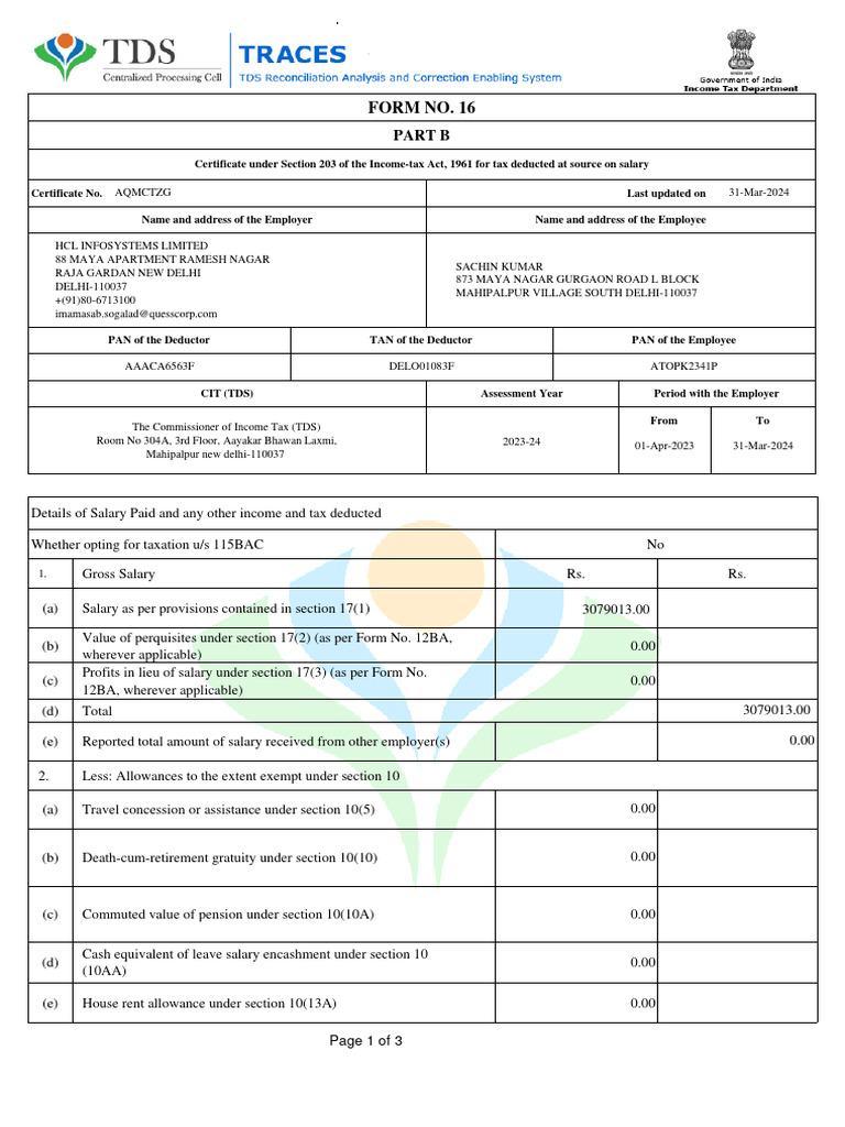 Form 16 Part B 2023 2024 - Sachin | PDF | Tax Deduction | Pension