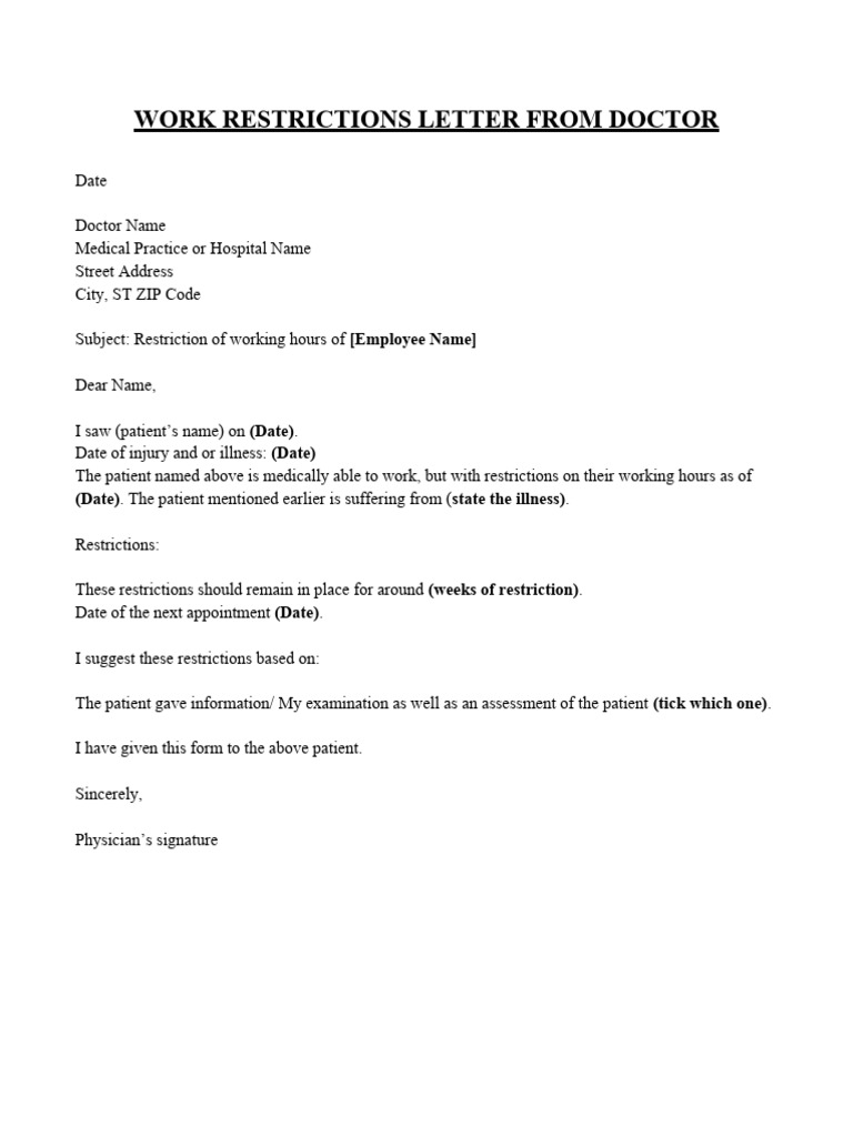 Doctor's Work Restrictions Letter | PDF