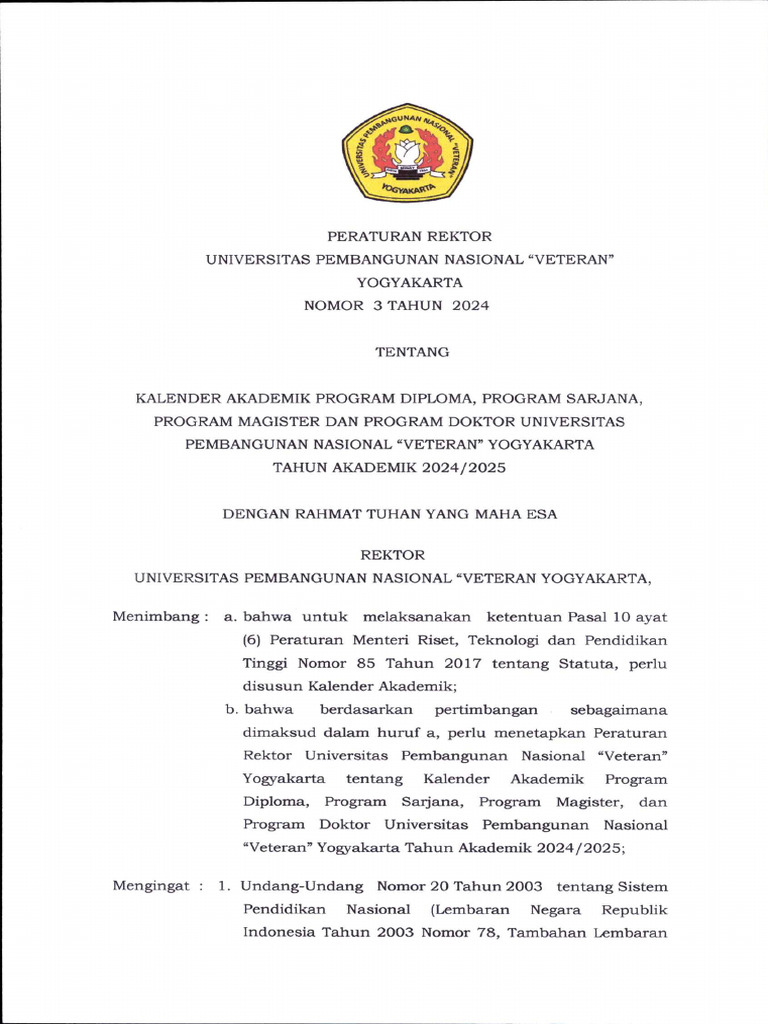 Peraturan Rektor UPNVY Nomor 3 Tahun 2021 TTG Kalender Akademik Program ...