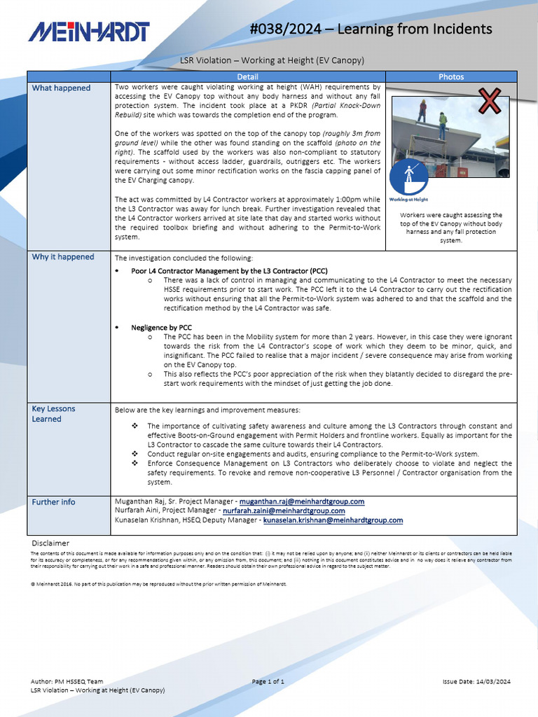 LFI 038 - LSR Violation - Working at Height (EV Canopy) | PDF | Justice ...
