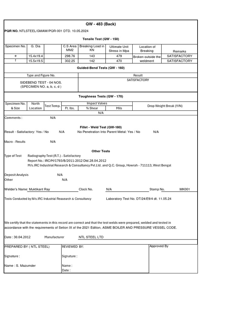 PQR NTL-2 | PDF | Mechanical Engineering | Electric Heating