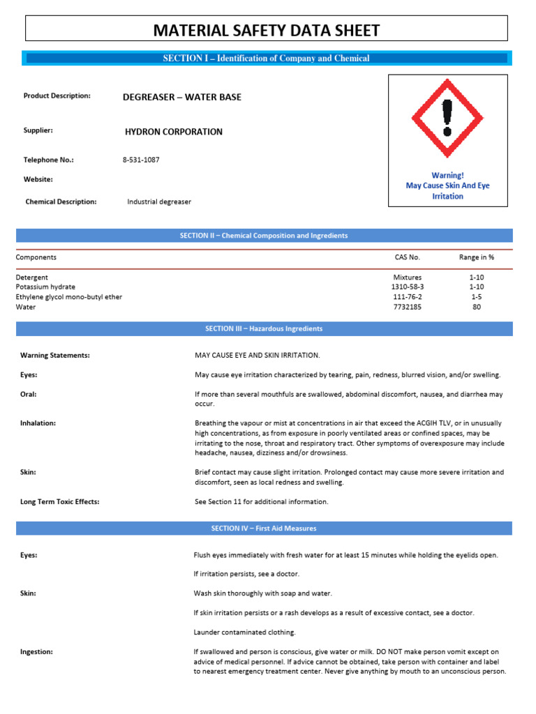 MSDS Degreaser - Water Base | PDF | Dangerous Goods | Occupational Safety And Health