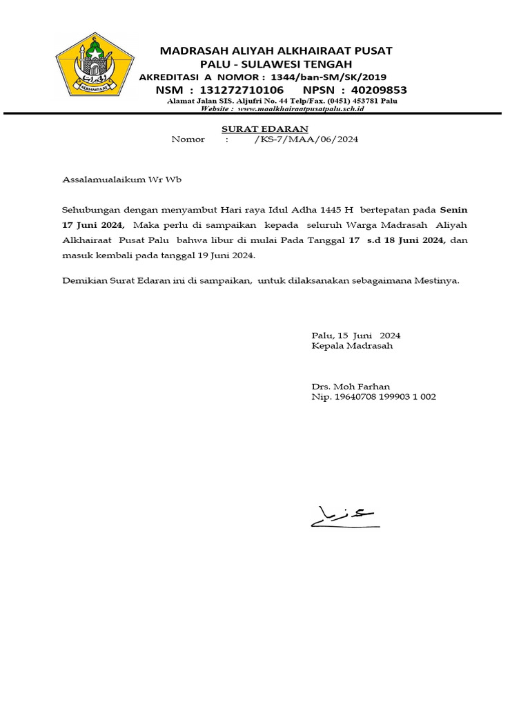 Surat Libur Idul Adha | PDF