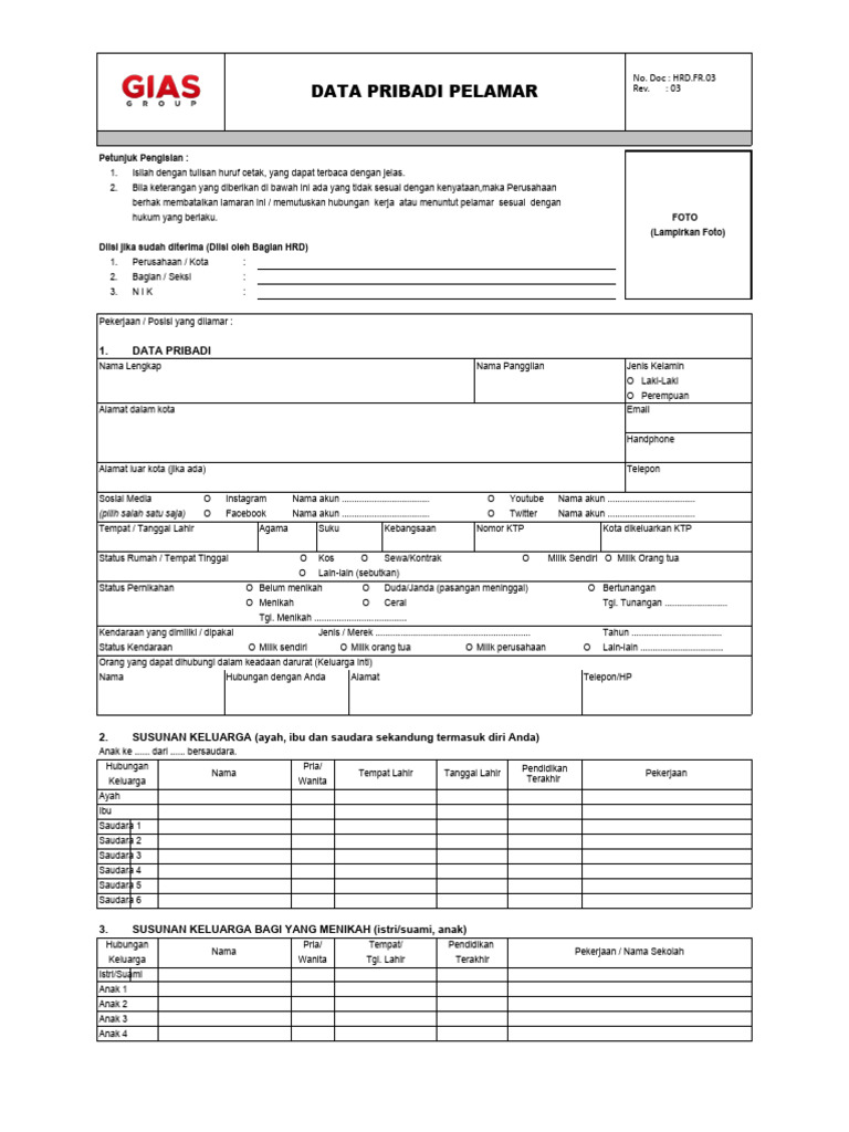 .03.formulir Data Pribadi Pelamar - Rev 03 | PDF