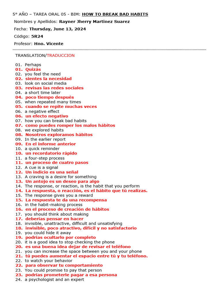 5R24 Martinez Suarez Rayner Jherry - 5° AÑO TEMA 05 TAREA ESCRITA HOW To BREAK BAD HABITS | PDF ...