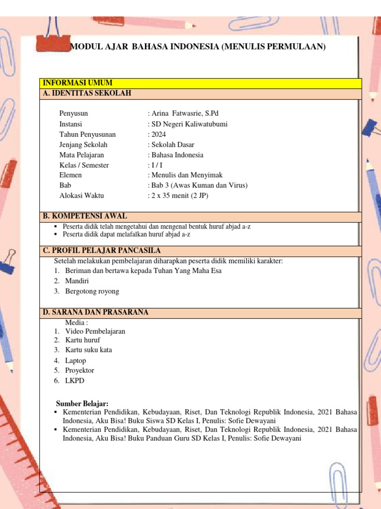 Modul Ajar Menulis untuk SD Kelas I | PDF