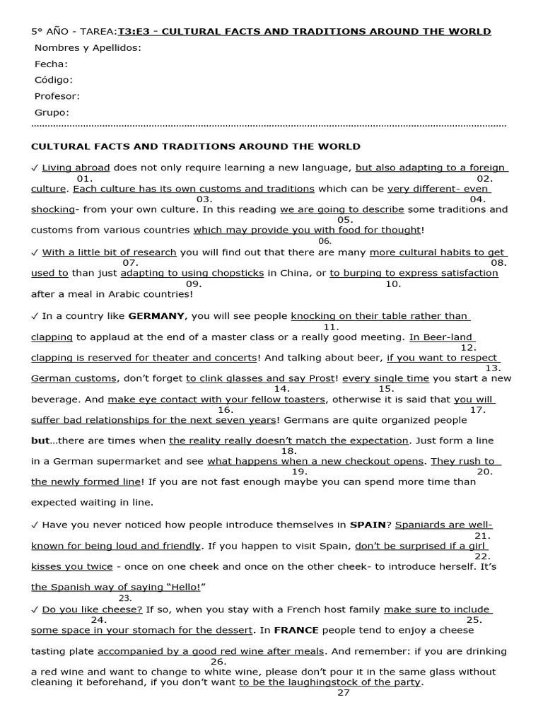 5° Tema 6 Tarea Escrita Lectura 6. Cultural Fact Around The World | PDF ...