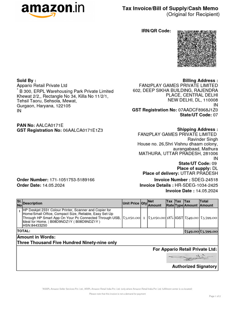 Tax Invoice/Bill of Supply/Cash Memo: (Original For Recipient) | PDF ...