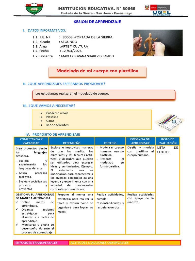 SESION ARTE Modelado de Mi Cuerpo Con Plastilina | PDF | Aprendizaje | Evaluación