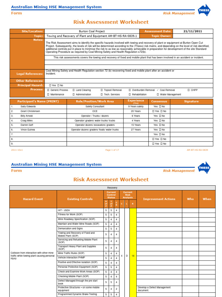 Risk Assessment - Towing and Recovery of Plant AM-BT-HS-RA-0839 | PDF ...