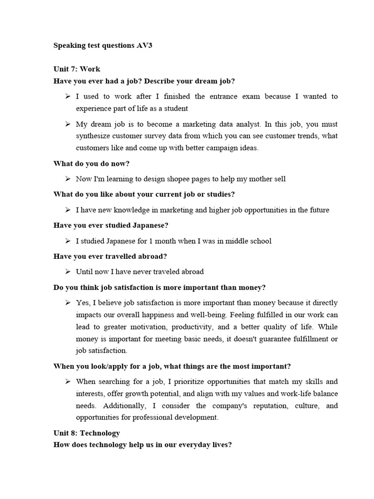 Speaking Test Questions AV3 (New Book) | PDF | Job Satisfaction | Fashion