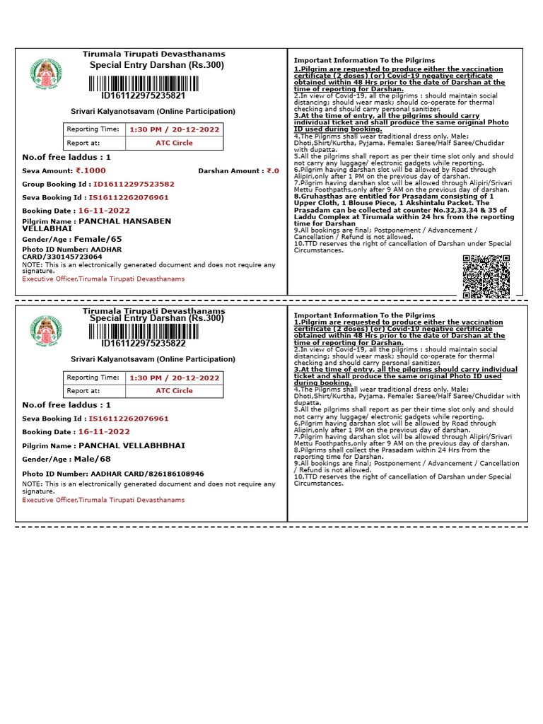 TTD Special Entry Darshan Receipt For Bill No 1713 - 3,4 | PDF