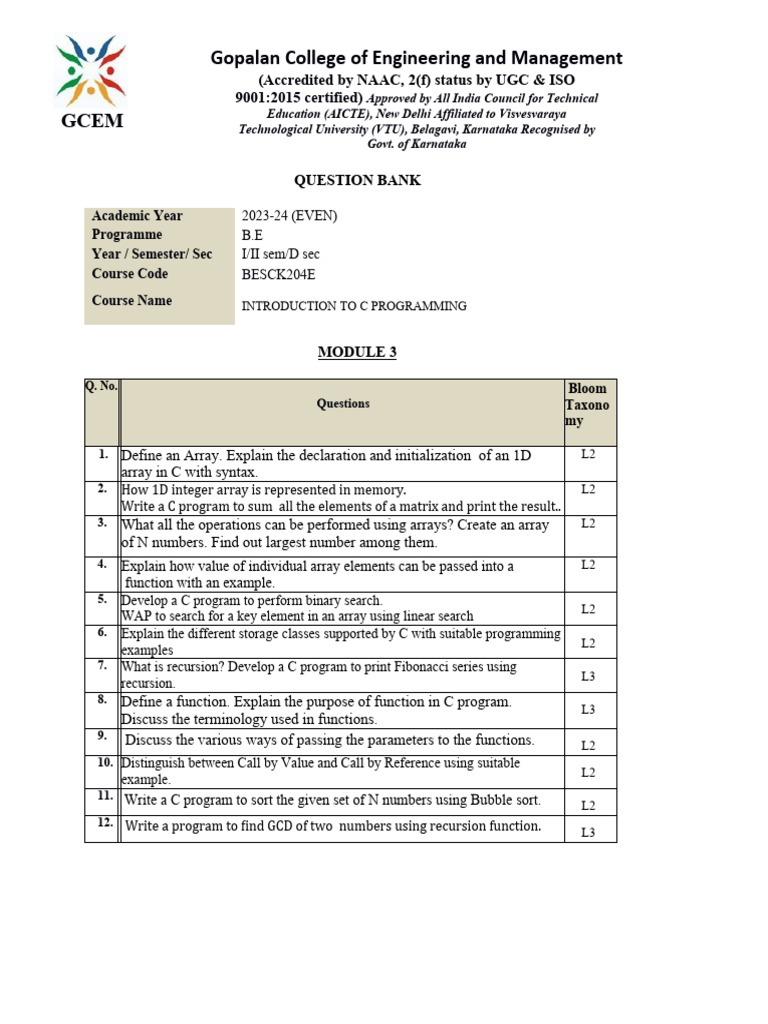 Question Bank III Arrays and Function | PDF | Computer Programming | Software Engineering