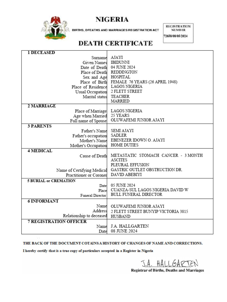 MRS. IBIDUNNI AJAYI death certificate | PDF