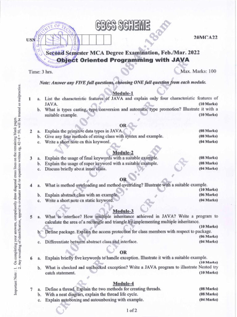 VTU Question Paper of 20MCA22 Object Oriented Programming With Java | PDF
