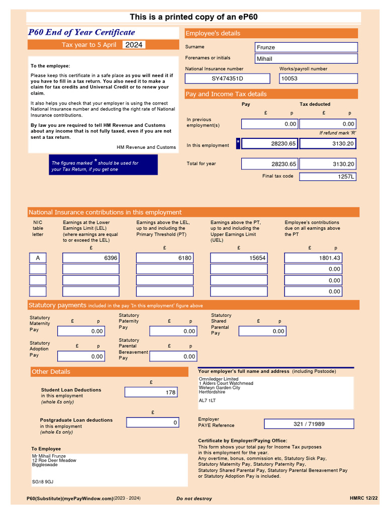 P60 End of Year Certificate: This Is A Printed Copy of An Ep60 | PDF | Economies | Taxation