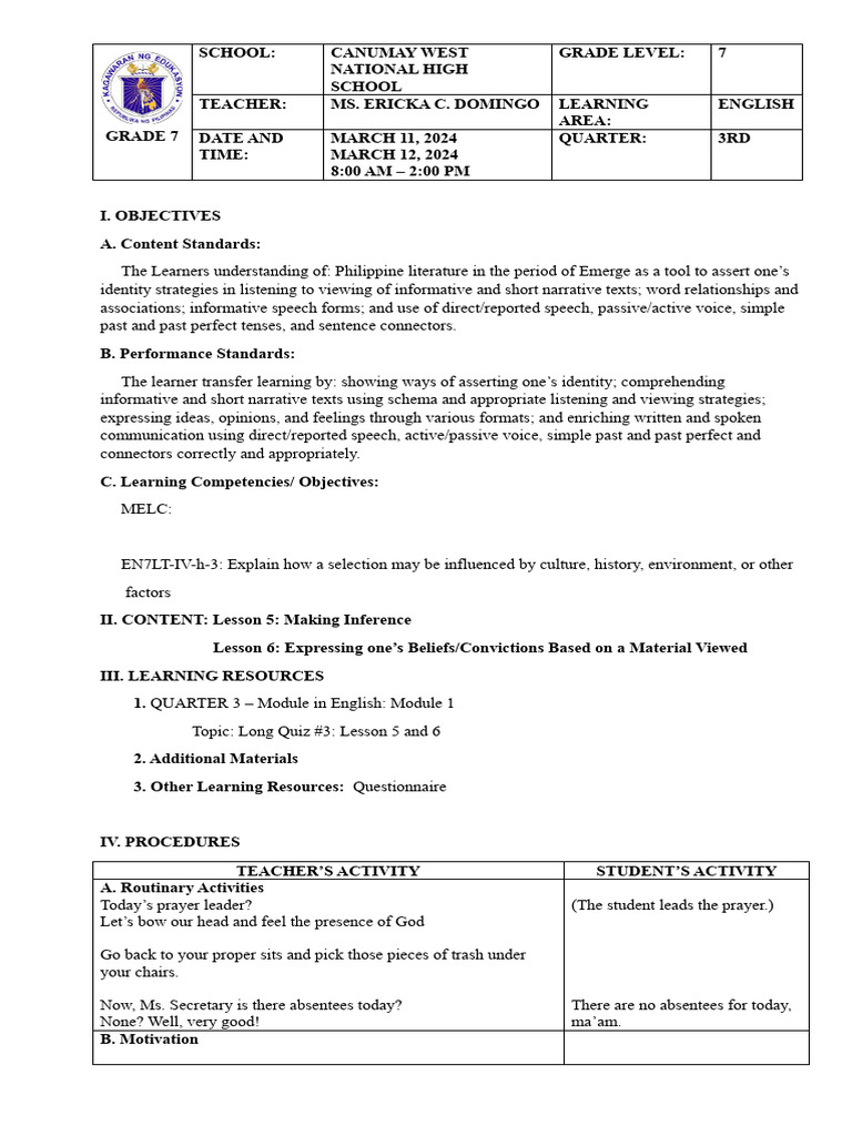 Lesson 6 Day 2 | PDF | Learning | English Language