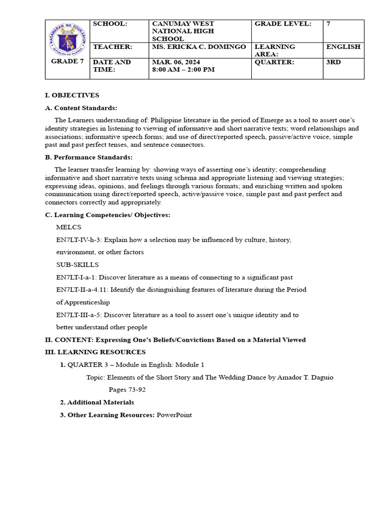 LESSON 5 Day 2 | PDF | Learning | English Language