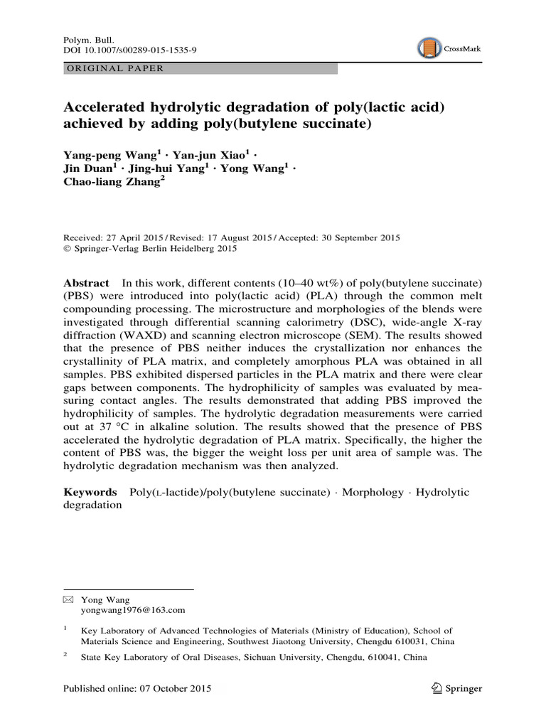 Accelerated Hydrolytic Degradation of PLAachieved by Adding PBS | PDF ...