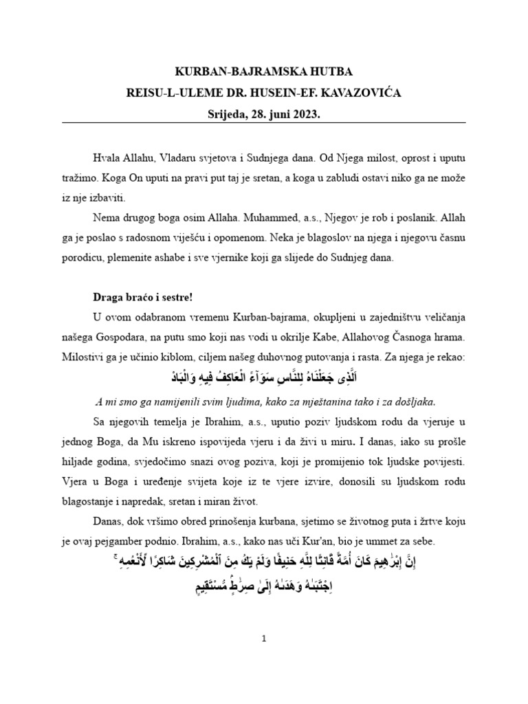 Kurban Bajramska Hutba Reisul Uleme 2023. Word | PDF