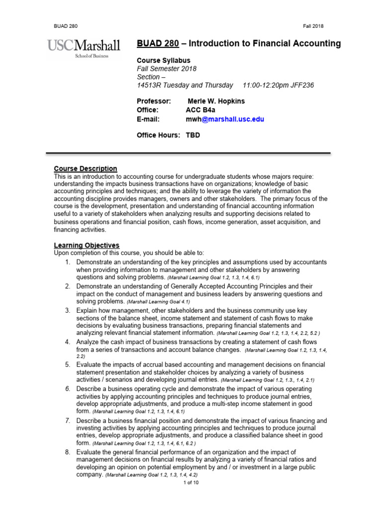 BUAD 280 - Introduction To Financial Accounting: Course Syllabus | PDF ...