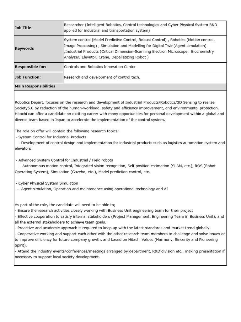 Hitachi Research Intelligent Robotics, Control System | PDF | Robotics ...