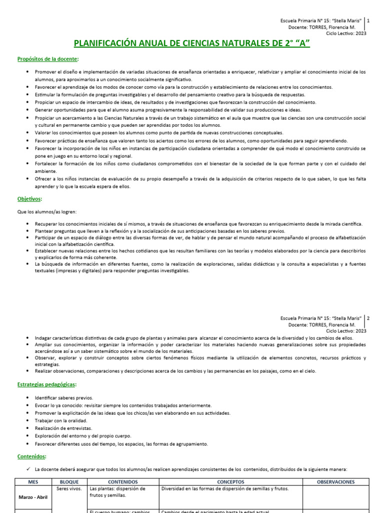 Planificación Anual de Ciencias Naturales | PDF | Educación primaria ...
