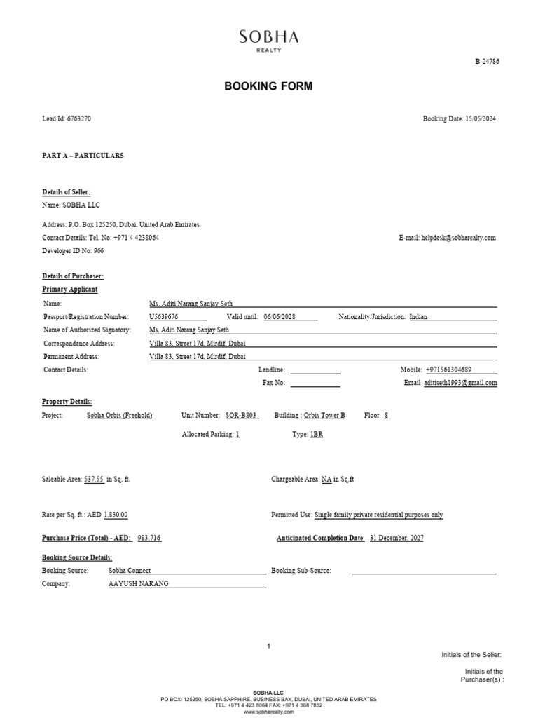 Sobha Realty Booking Form | PDF | Payments | Indemnity