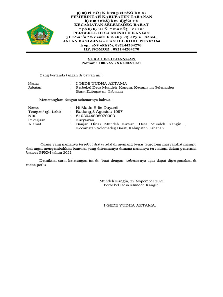 Surat Keterangan Masyarakat Mampu Tabanan | PDF