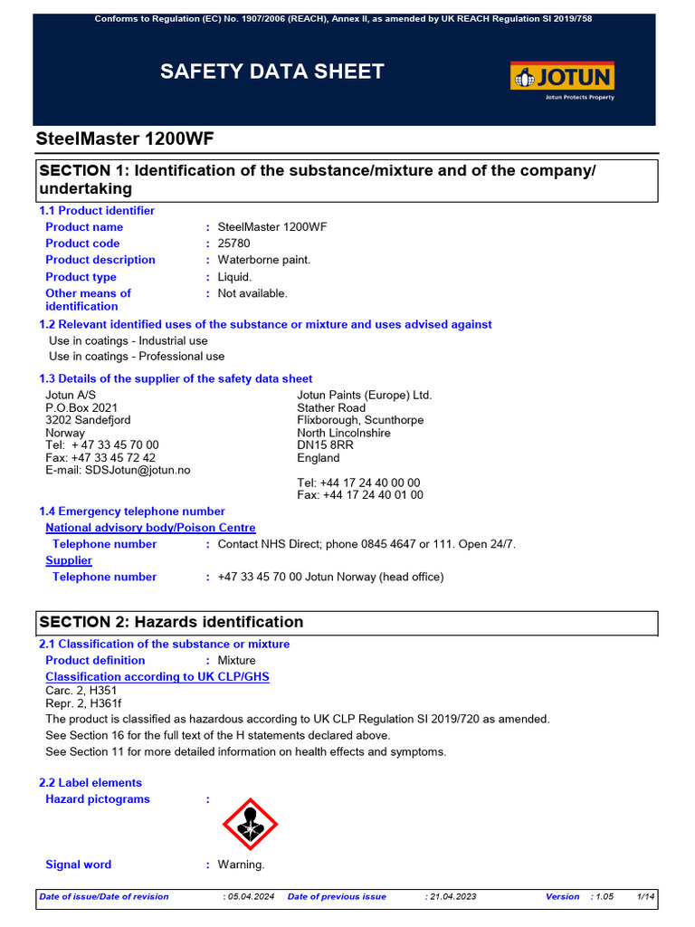 MSDS - Steelmaster1200wf White | PDF | Toxicity | Magnesium