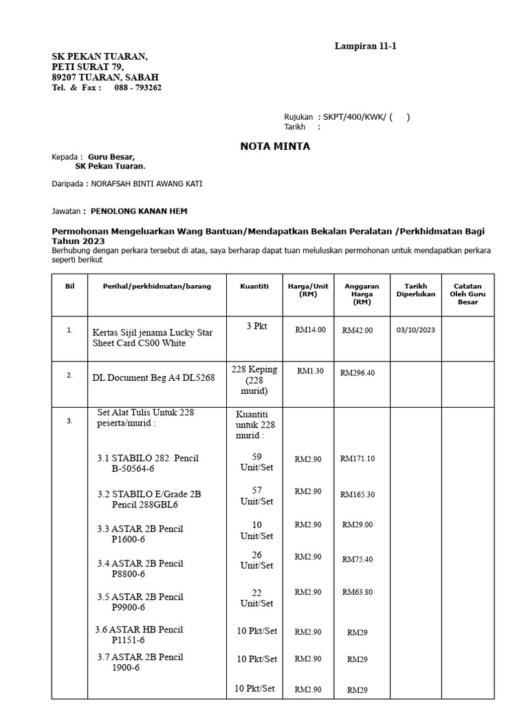 Nota Minta Panitia Bahasa Arab 2023 Okt 2023 | PDF