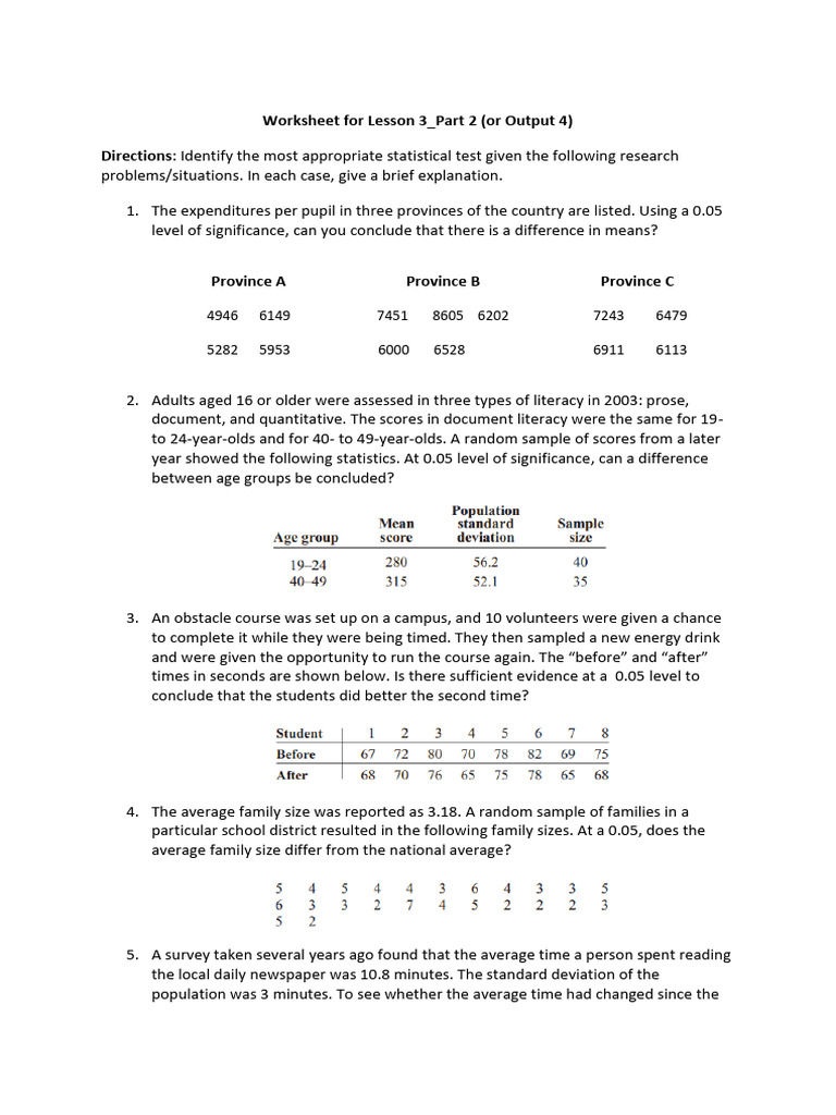 Worksheet For Lesson 3 - Part 2 (Or Output 4) | PDF | Sampling ...