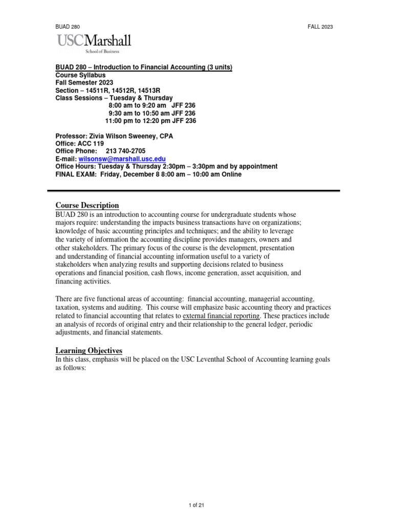 BUAD 280 Financial Accounting Syllabus | PDF | Leadership | Accounting