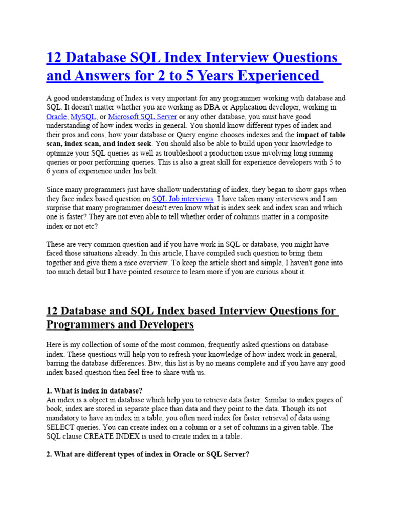 12 Database SQL Index Interview Questions and Answers For 2 To 5 Years Experienced | PDF ...