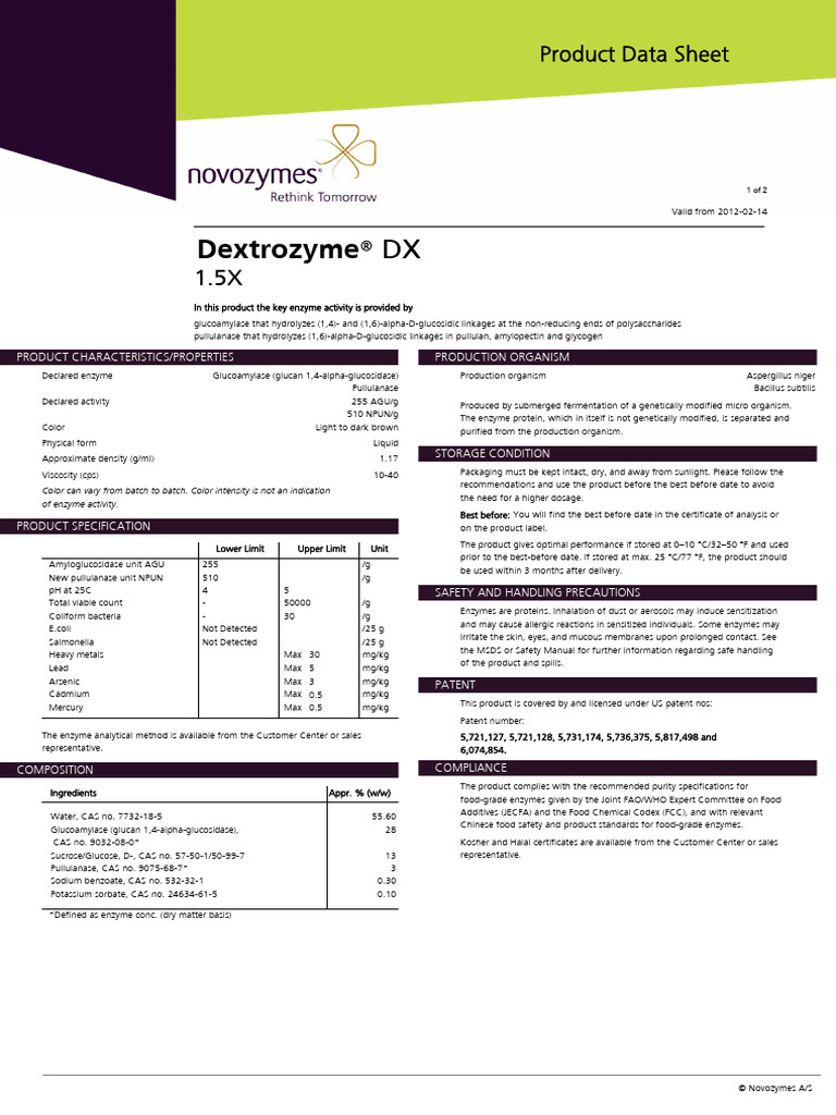 Dextrozyme DX 1.5 X Product Data Sheet | PDF | Chemistry