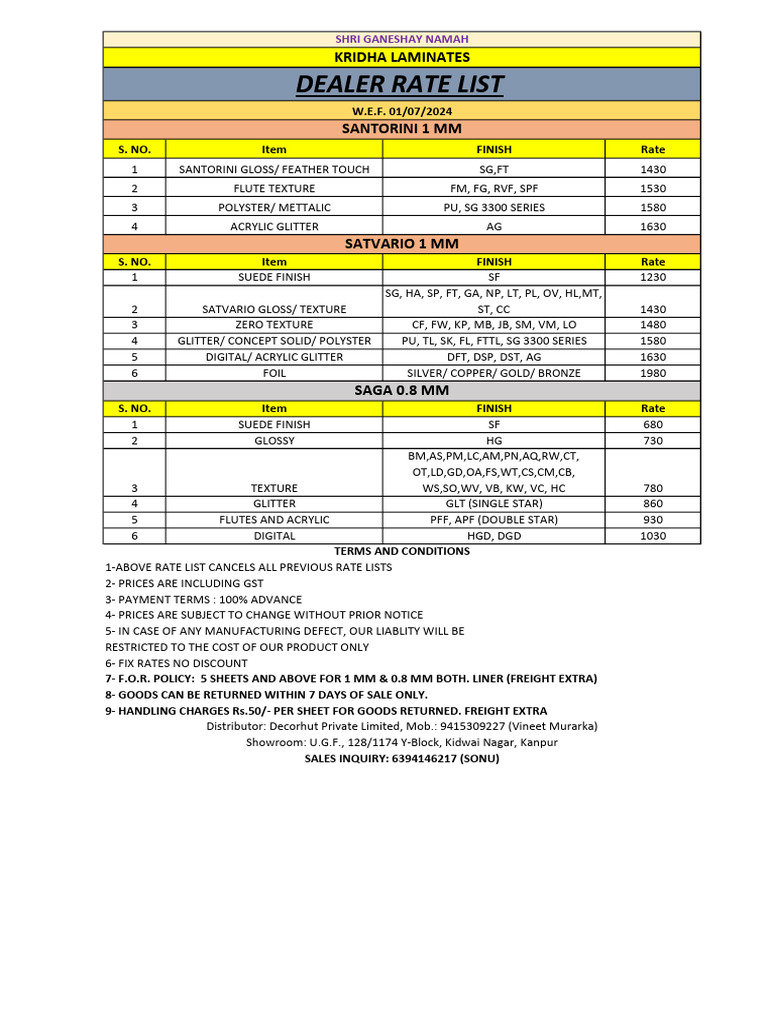 New Rate List From 1.07.2024 | PDF