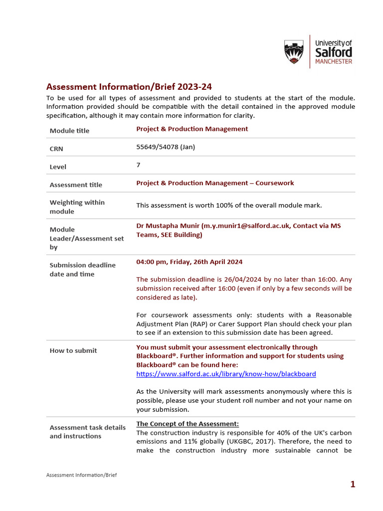 ASSIGNMENT Project & Production Management PM_Assessment_Brief_Form_2023-24 | Download Free PDF ...