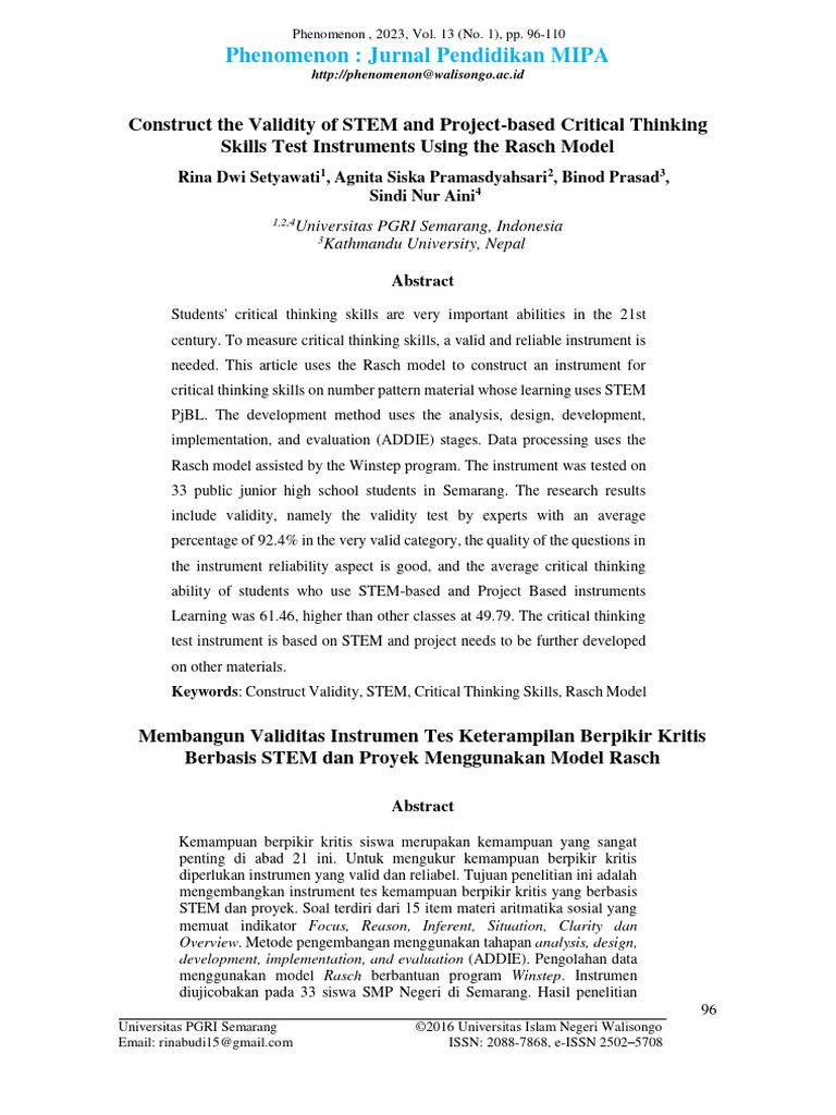Construct the Validity of STEM and Project-based Critical Thinking ... Construct the Validity of STEM and Project-based Critical Thinking ...
