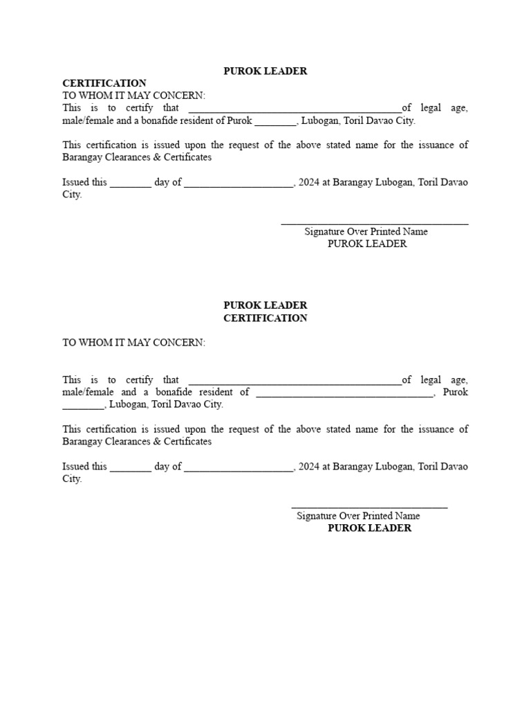 Purok Leader Certification Template | PDF